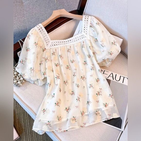 Tops | Elegant Romantic Floral Embroidery Square Neck Puff Sleeve ...